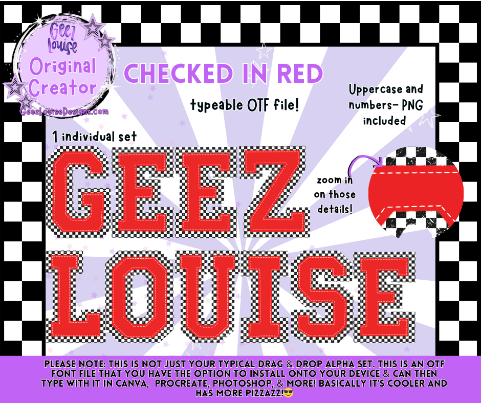 Checked in Red Typeable OTF Alpha Font with PNGs – GeezLouise