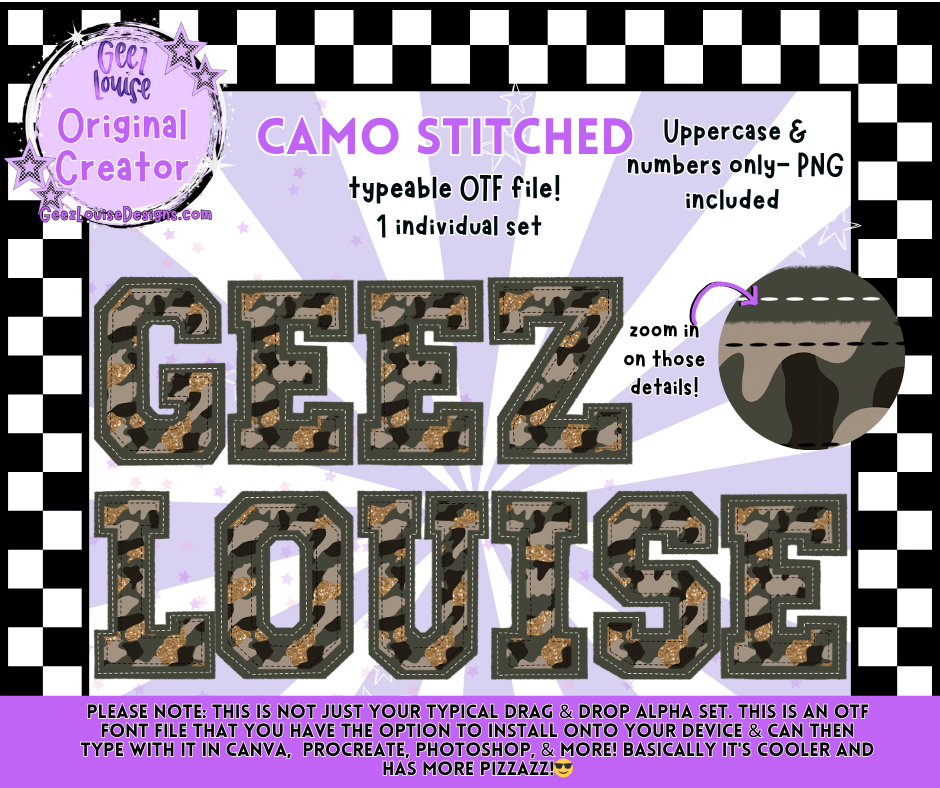 Camo Stitched Typeable OTF Font + PNG Set – GeezLouise
