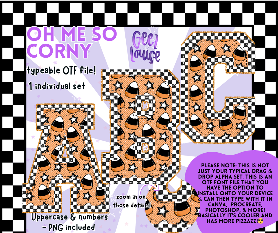 Oh Me So Corny – Candy Corn OTF Alpha Font + PNG Set – GeezLouise