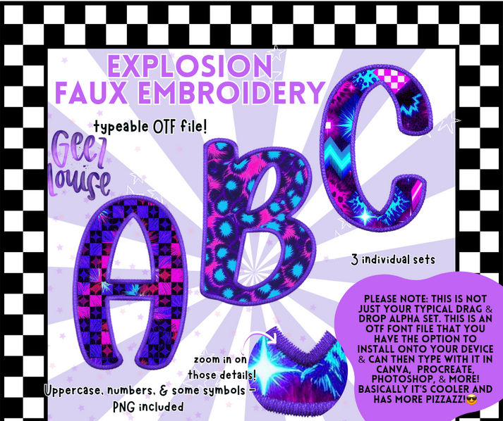 Explosion Faux Embroidery Font – OTF + PNG Alpha Set (3 Styles ...
