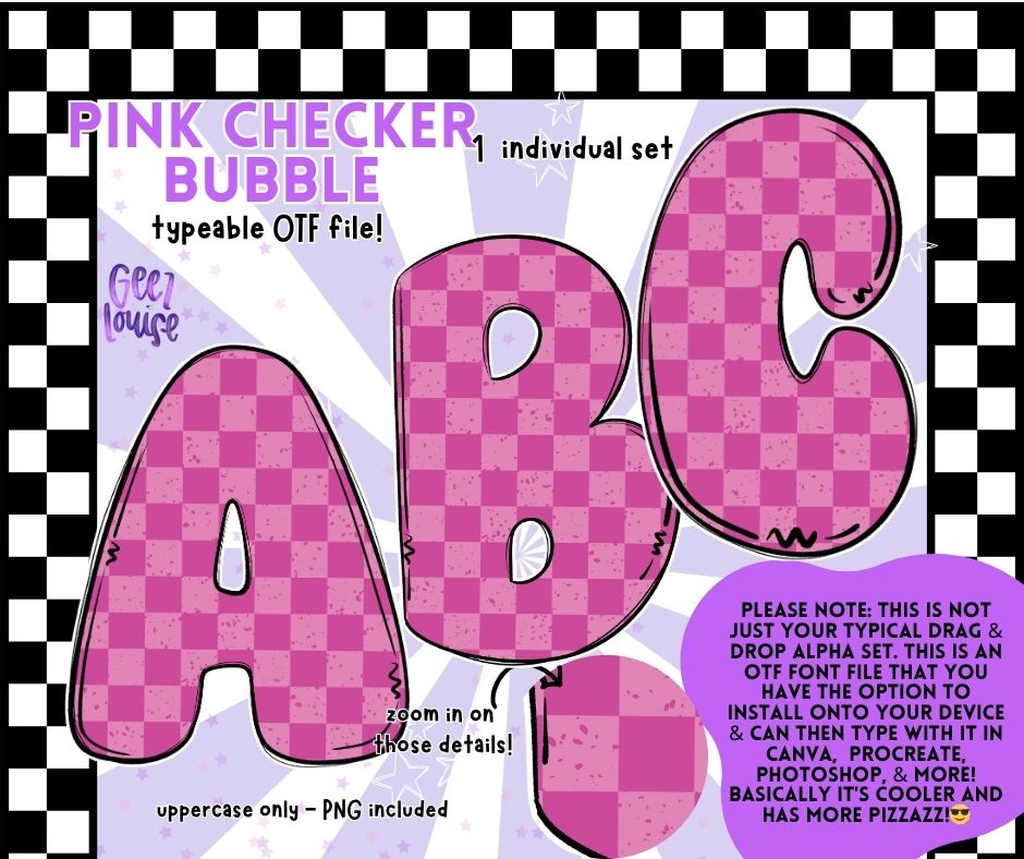 Pink Checker Bubble – Bold Typeable OTF Font + PNG Alpha Set – GeezLouise