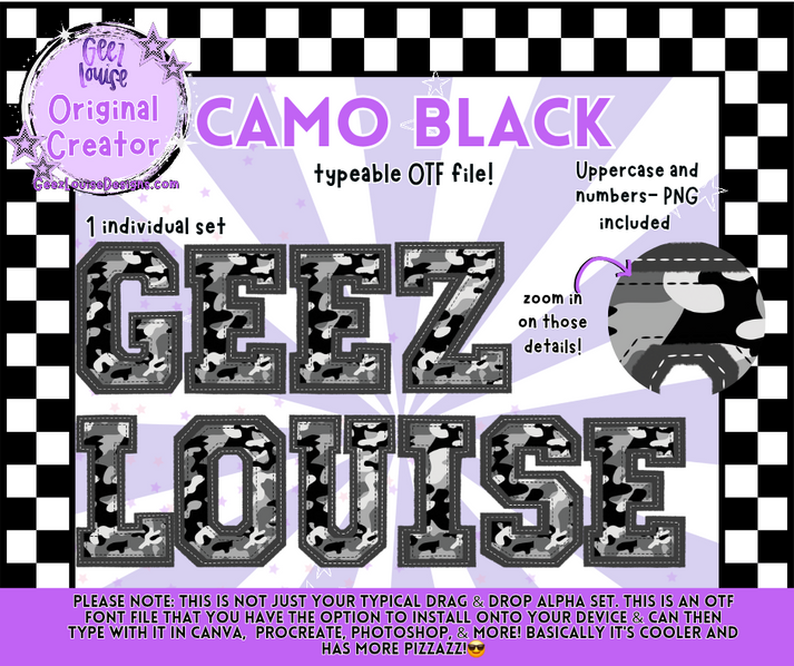 CAMO BLACK — Typeable OTF Font + PNG – GeezLouise