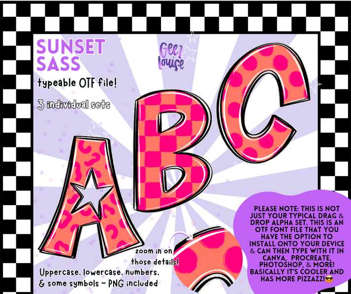 Sunset Sass Pink Alpha Bundle – 3 Style OTF Font + PNG Files – GeezLouise